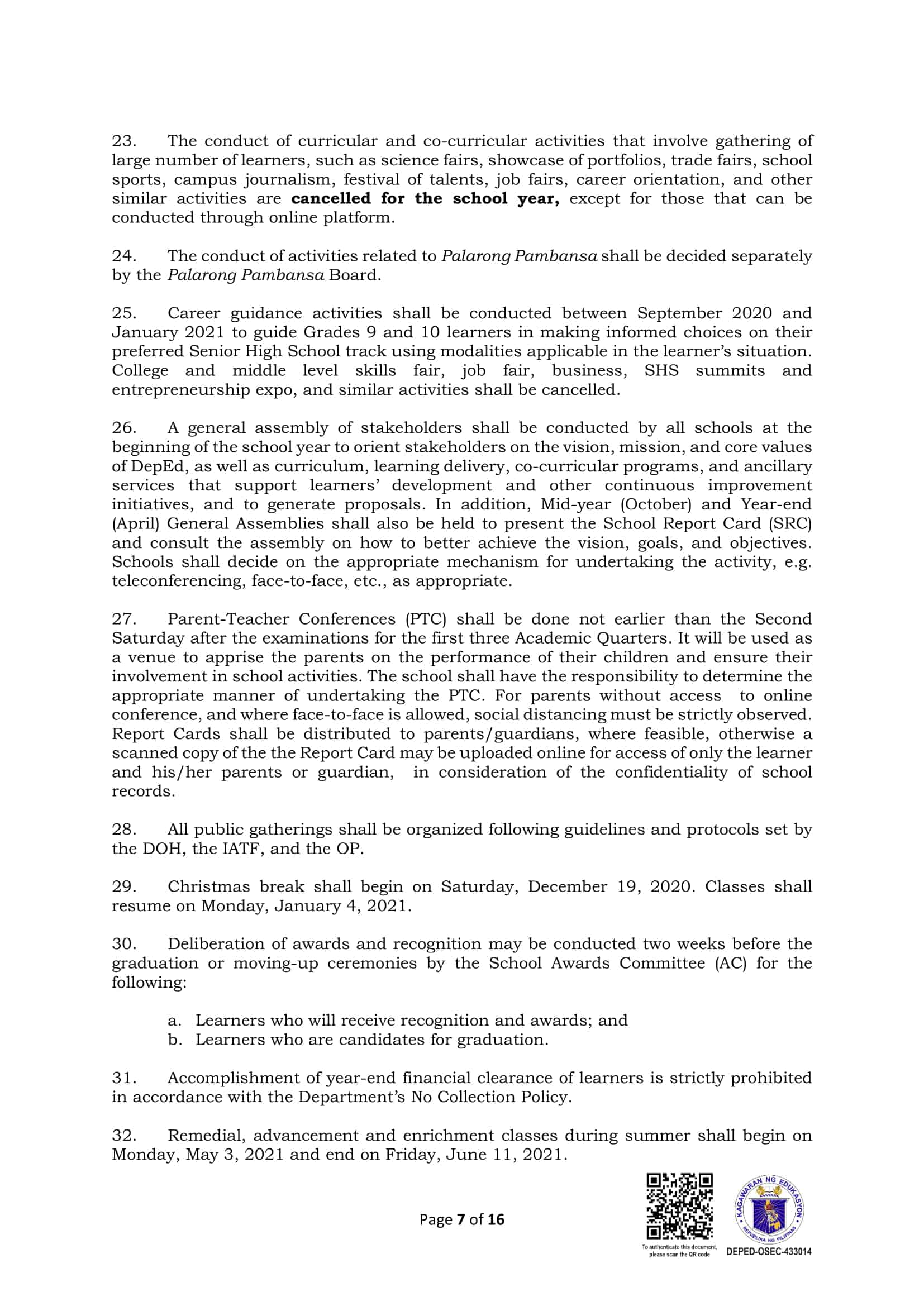 DepEd School Calendar and Activities for School Year 2020-2021